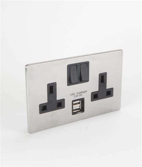 Steel Double Plug Socket Usb 2 Gang Socket Silver And Black