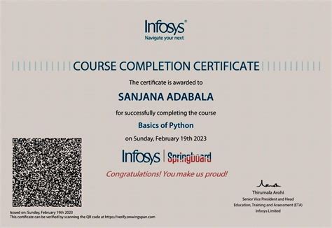 adabala sanjana on linkedin 🌟 completed basics of python course by infosys 🎓 attained