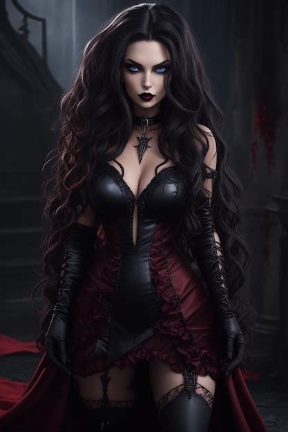 Premium Photo Beautiful Female Vampire In A Red Dress Fantasy