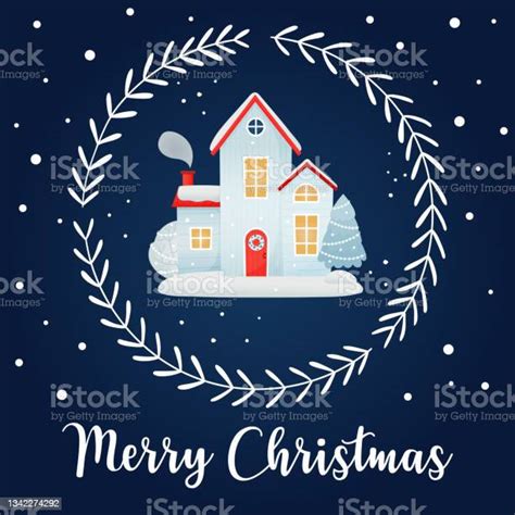 즐거운 성탄절 겨울 주택 장식 화환과 어두운 파란색 배경에 비문 크리스마스 카드 플랫 만화 스타일 12월에 대한 스톡 벡터 아트 및 기타 이미지 Istock