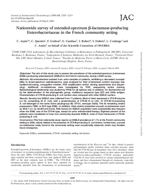 Pdf Nationwide Survey Of Extended Spectrum β Lactamase Producing Enterobacteriaceae In The