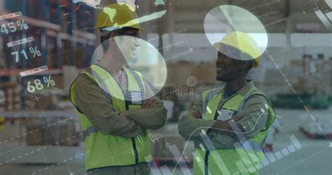 Animation Of Statistic Charts Over Diverse Male Workers In Warehouse Stock Footage Video Of