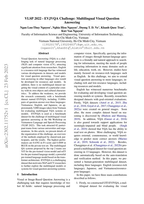 Pdf Vlsp 2022 Evjvqa Challenge Multilingual Visual Question Answering