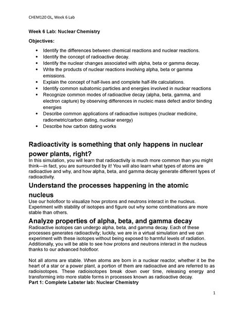 week 6 lab lab worksheet week 6 lab nuclear chemistry objectives