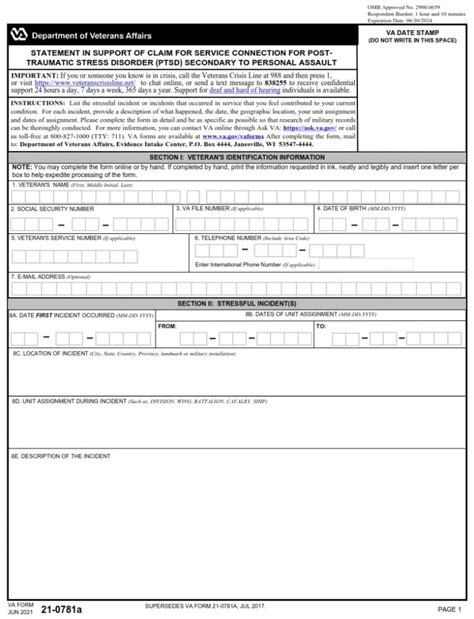 Va Form 21 0781a Statement In Support Of Claim For Service Connection