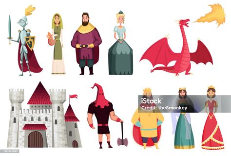 중세 시대의 중세 왕국 문자 역사적 기간 벡터 일러스트레이션 사람들 세트 킹스 퀸즈 나이트 제스터 성 요새와 용 중세에 대한