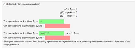 Solved 1 Pt Consider The Eigenvalue Problem Y 0 Y 0