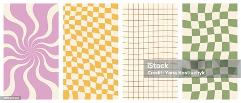 그루비 히피 70s 벡터 배경 세트 체스 판과 트위스트 패턴 트렌디한 복고풍 트리피 스타일의 배경 트렌디한 복고풍 사이키델릭 스타일의 뒤틀리고 왜곡된 벡터 질감 강렬하고
