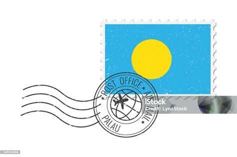 팔라우 그런지 우표 팔라우 국기가 있는 빈티지 엽서 벡터 그림은 흰색 배경에 분리되어 있다 복고풍 스타일 고무도장에 대한 스톡 벡터 아트 및 기타 이미지 Istock