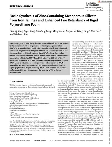 Pdf Facile Synthesis Of Zinc‐containing Mesoporous Silicate From Iron Tailings And Enhanced