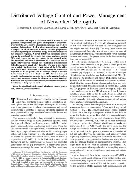 Pdf Distributed Voltage Control And Power Management Of Networked Microgrids