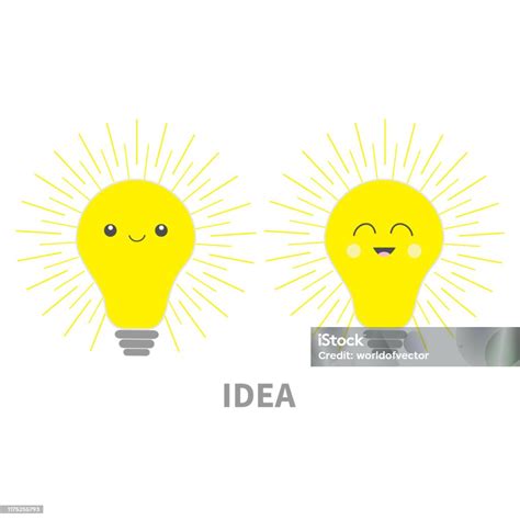 아이디어 전구 아이콘 행복 한 웃는 얼굴 설정입니다 빛나는 라인 라운드 효과 귀여운 만화 캐릭터 노란색 으로 전환됩니다 비즈니스 성공 개념 플랫 디자인 흰색 배경입니다 격리