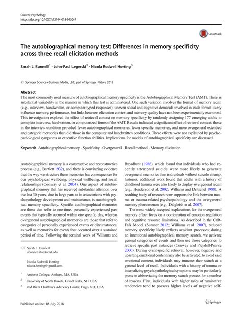 Pdf The Autobiographical Memory Test Differences In Memory Specificity Across Three Recall