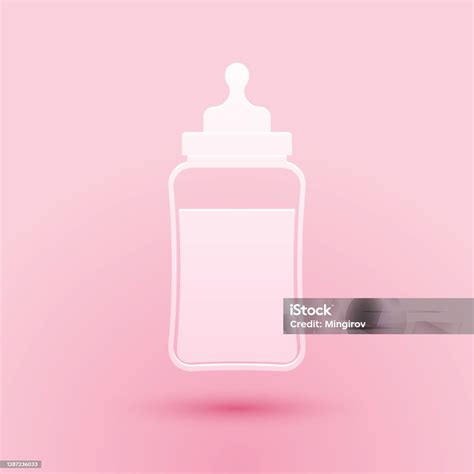 분홍색 배경에 격리 된 종이 컷 젖병 아이콘 병 아이콘을 먹이 우유 병 기호 종이 아트 스타일 벡터 0명에 대한 스톡 벡터 아트 및 기타 이미지 Istock