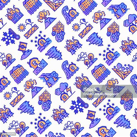 지진 쓰나미 토네이도 허리케인 홍수 산사태 가뭄 강설 분화 뇌우 눈사태 얇은 라인 아이콘과 재해 원활한 패턴 벡터 그림입니다 가뭄에 대한 스톡 벡터 아트 및 기타 이미지