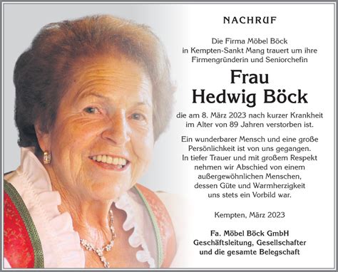 Traueranzeigen Von Hedwig Böck Augsburger Allgemeine Zeitung