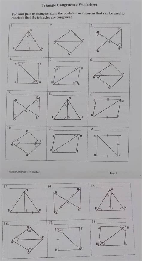 Solved Triangle Congruence Worksheet For Each Pair To Triangles State The Postulate Or Theorem