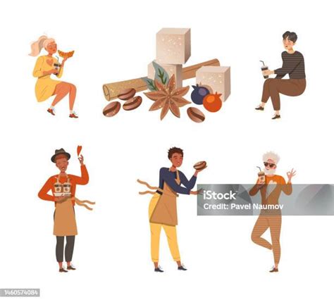 커피를 만드는 바리스타 카푸치노 라떼 에스프레소 세트를 마시는 사람들 커피 요리 재료 벡터 일러스트 레이 션 계피에 대한 스톡