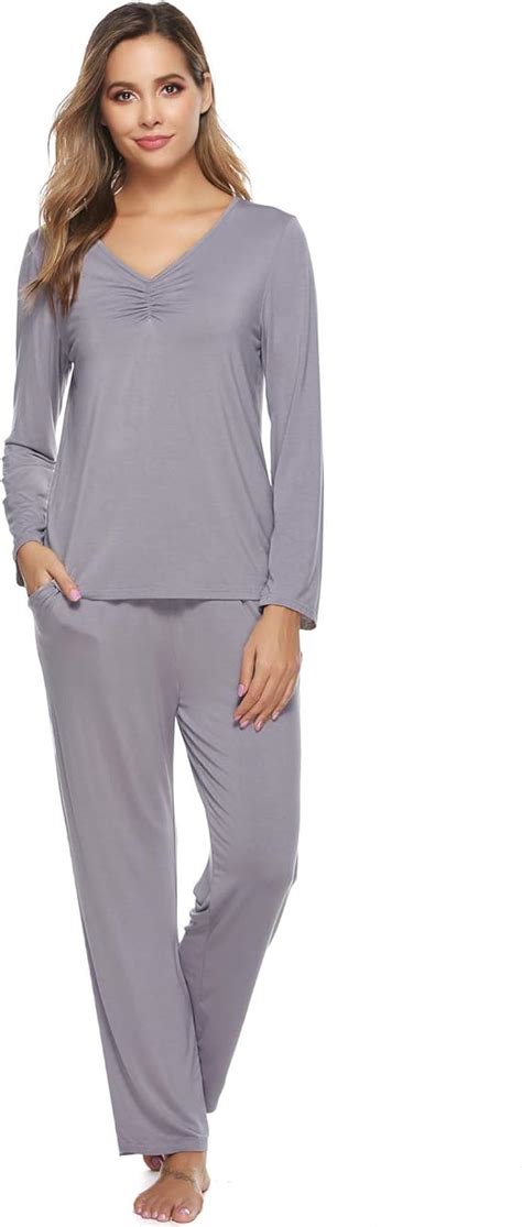 Arblove Einfarbige Pyjama Damen Schlafanzüge Lang Baumwolle Zweiteilige Nachtwäsche Langarm