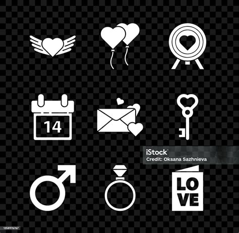 날개 풍선 형태의 심장 중심 다트 대상 목표 남성 성별 기호 결혼 반지 발렌타인 데이 파티 전단지 달력 2 월 14 및 봉투 아이콘세트 벡터 0명에 대한 스톡 벡터 아트 및