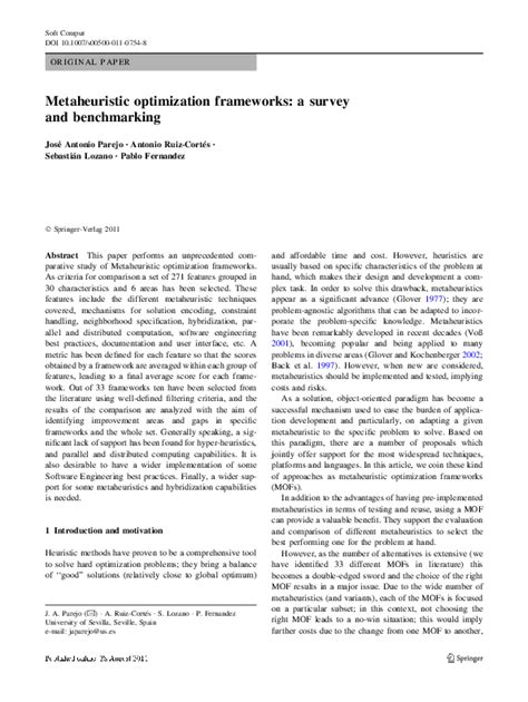 Pdf Metaheuristic Optimization Frameworks A Survey And Benchmarking