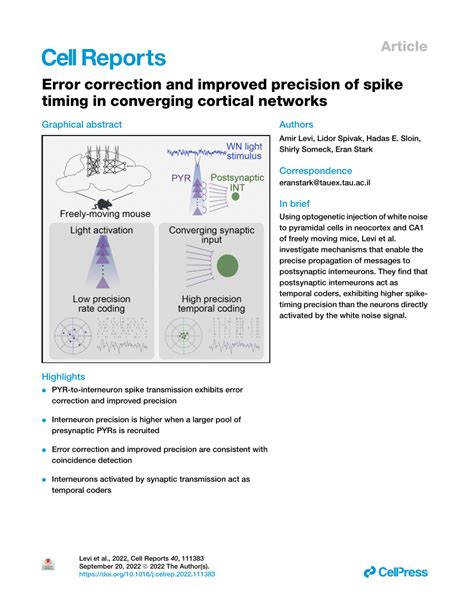 Pdf Error Correction And Improved Precision Of Spike Timing In Converging Cortical Networks