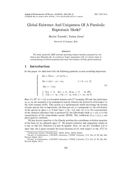 Pdf Global Existence And Uniqueness Of A Parabolic Haptotaxis Model ∗