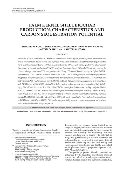 Pdf Palm Kernel Shell Biochar Production Characteristics And Carbon Sequestration Potential