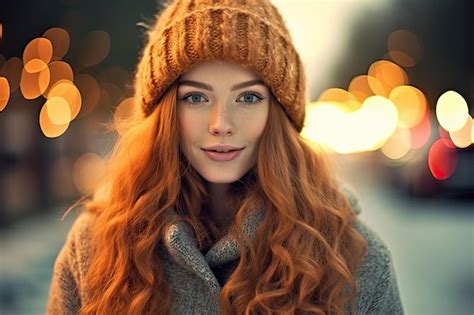 Premium Ai Image A Woman With Red Hair Wearing A Knit Hat And Coat