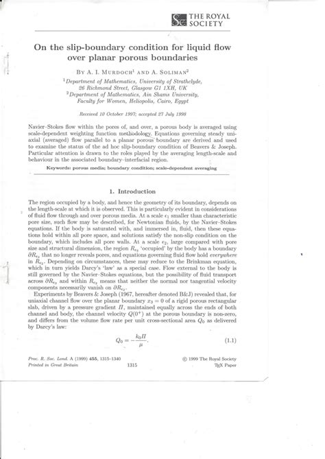 Pdf On The Slip Boundary Condition For Liquid Flow Over Planar Porous Boundaries
