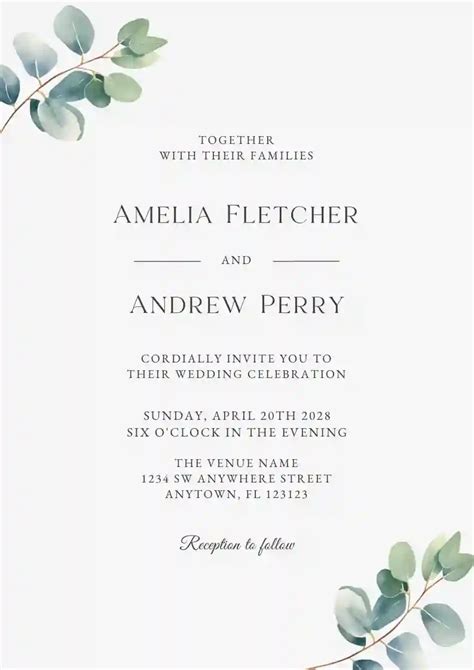 미니멀리스트 유칼립투스 무료 결혼 초대장 템플릿 Invitanku