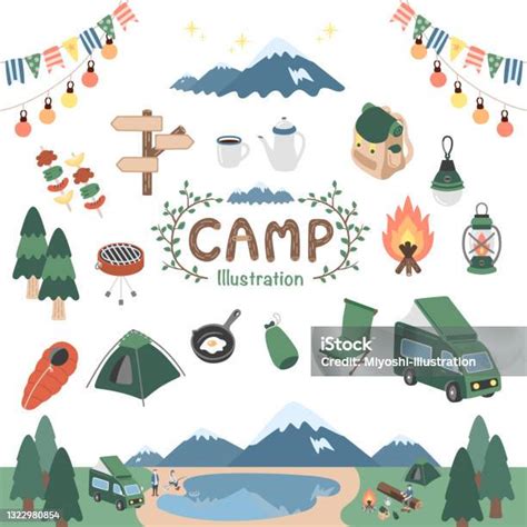 야외 용품 및 야영지의 일러스트 컬렉션과 캠프장의 풍경 캠핑에 대한 스톡 벡터 아트 및 기타 이미지 캠핑 야외활동 추구 바베큐그릴 Istock