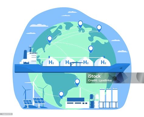 수소를 에너지원으로 사용하고 운송하는 개념 글로브 가스선 수소액화플랜트 태양전지판 및 풍력터빈 선박에 대한 스톡 벡터 아트 및 기타 이미지 Istock