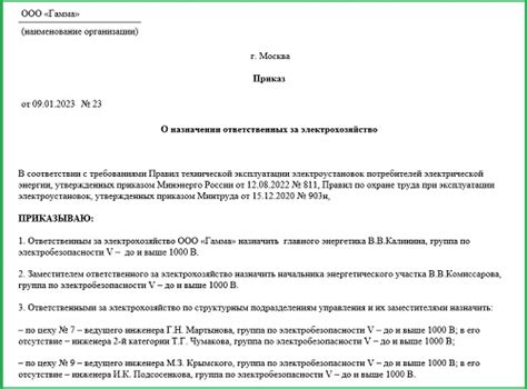 Образец приказ о назначении ответственного за электрохозяйство в школе образец