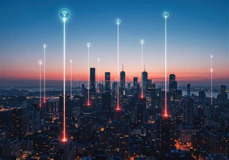 Futuristic Cityscape With Glowing Data Streams And Smart Urban Networks Stock Illustration