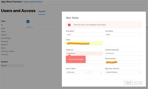 Testing Apple App Store Connect New Tester Invalid Password