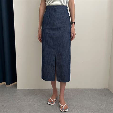 쿠쉬 생지흑청 여름 하이웨스트 슬림 H라인 일자 앞트임 데님 롱 청스커트