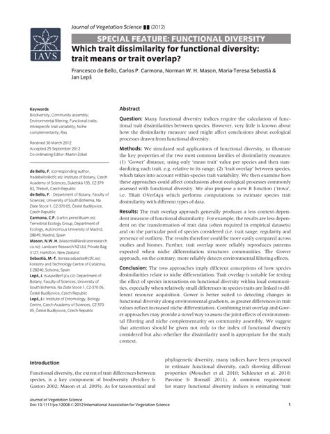 Pdf Which Trait Dissimilarity For Functional Diversity Trait Means