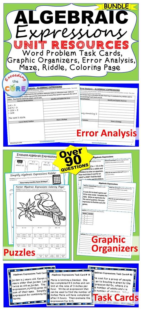 Algebraic Expressions Bundle Error Analysis Task Cards Word Problems Puzzles Algebraic