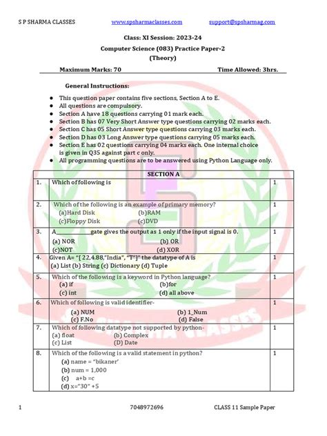 Class Xi Sample Paper 2 Pdf Integer Computer Science Computer Hardware