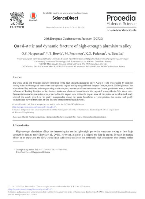 Pdf Quasi Static And Dynamic Fracture Of High Strength Aluminium Alloy