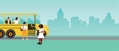 학생들은 스쿨 버스 플랫 벡터 스톡 일러스트 레이 션 또는 오버레이 할 장소가있는 디자인을위한 공간 템플릿 복사 등을 타고