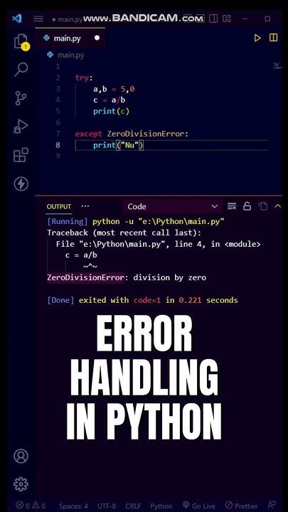 Exception Handling In Python Tryexcept Zerodivisionerror Shorts Python Programming