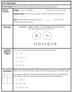 PDF Notes Adding Integers By Lulu S Digital Resources TpT