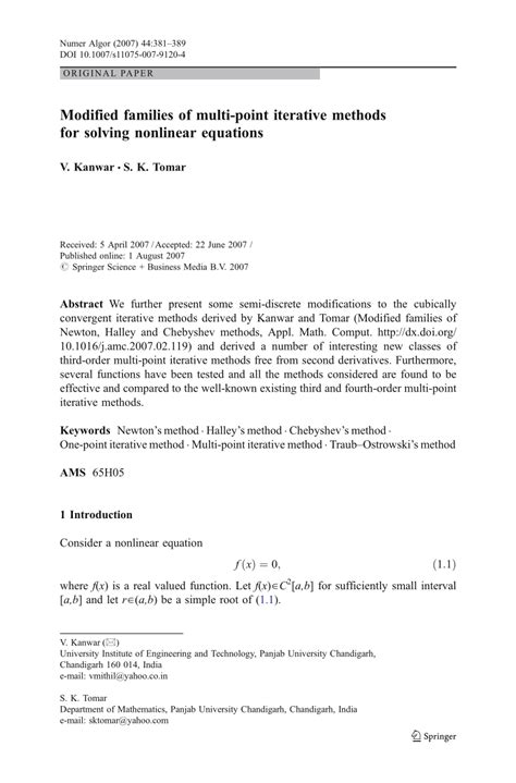 Pdf Modified Families Of Multi Point Iterative Methods For Solving Nonlinear Equations