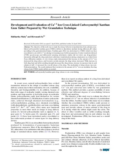 Pdf Development And Evaluation Of Ca 2 Ion Cross Linked Carboxymethyl Xanthan Gum Tablet