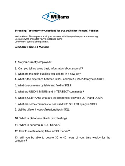 Sql Questionnaire Pdf