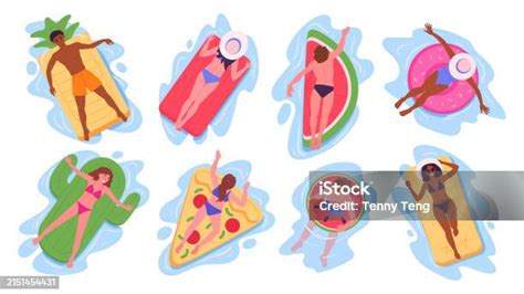 풍선 반지에 사람들 남성과 여성 캐릭터 통 하고 있는 고무 고리 또는 매트리스에 떠 있는 수영풀 또는 바다 편평한 벡터 일러스트