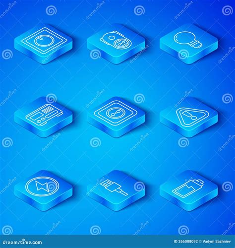 Set Line Lightning Bolt Electrical Outlet Usb Cable Cord Exclamation Mark Triangle Bulb With