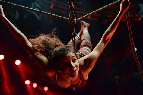 A Woman Suspended Upside Down From A Rope Showcasing Her Strength And